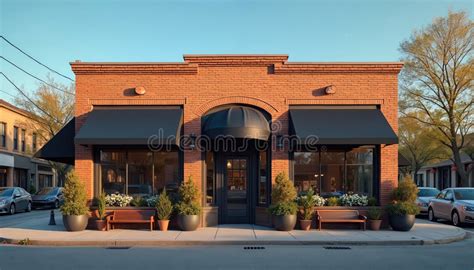 Exterior Angle View Of Commercial Building With Brick Wall Storefront
