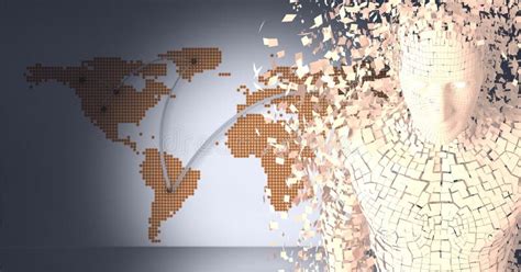 Composition Of Exploding Human Bust Formed With Particles Over World Map Stock Illustration