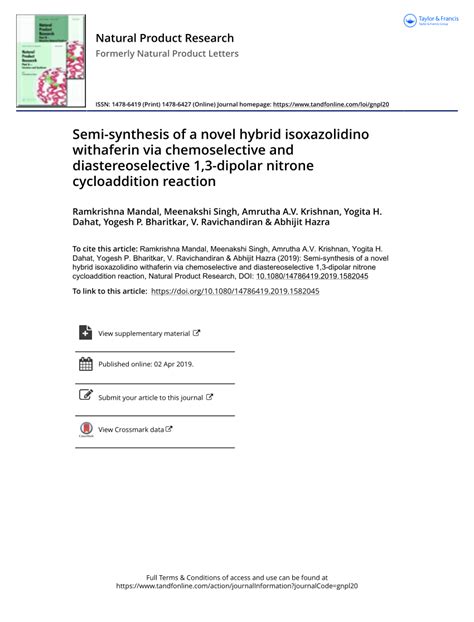 Pdf Semi Synthesis Of A Novel Hybrid Isoxazolidino Withaferin Via