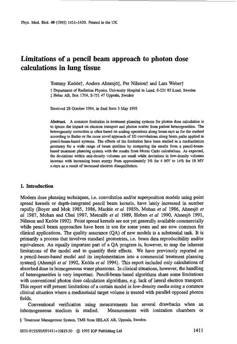 Pdf Limitations Of A Pencil Beam Approach To Photon Dose Calculations In Lung Tissue