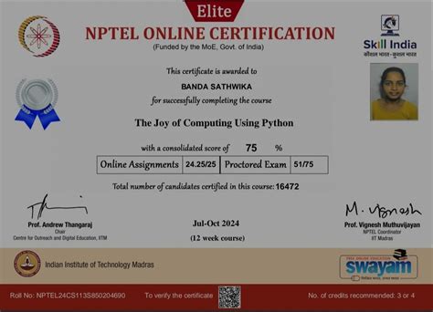 python nptel learning achievement iitmadras sathwika banda