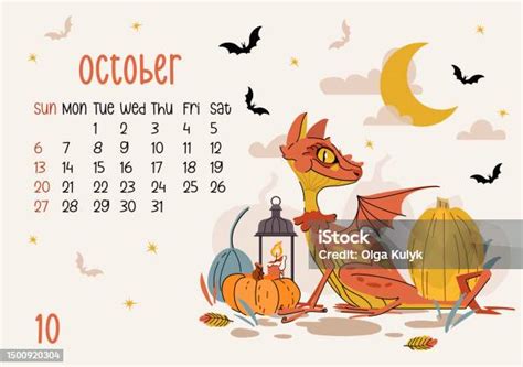 할로윈 드래곤이 있는 2024년 10월의 가로 달력 페이지 용의 해의 상징 한 주가 일요일에 시작됩니다 벡터 그림 플랫 만화