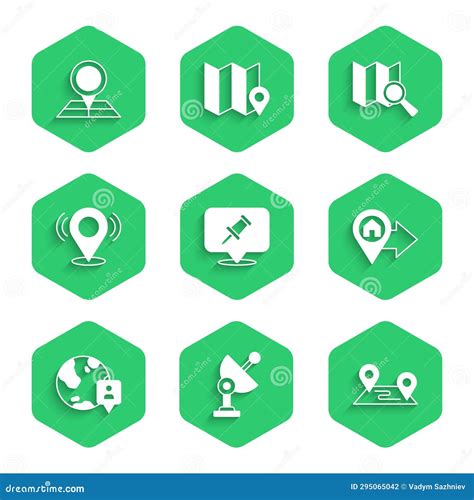 Set Push Pin Radar Route Location Location With House The Globe Map Search And Folded Map