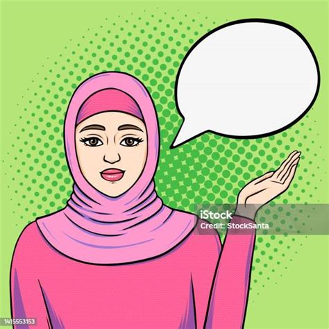 당신의 메시지를 위해 빈 연설 구름에 손으로 보여주는 분홍색 히잡의 행복한 젊은 무슬림 여성 복고풍 팝 아트 만화 스타일의 손으로 그린 벡터 일러스트 레이 션 벡터에 대한