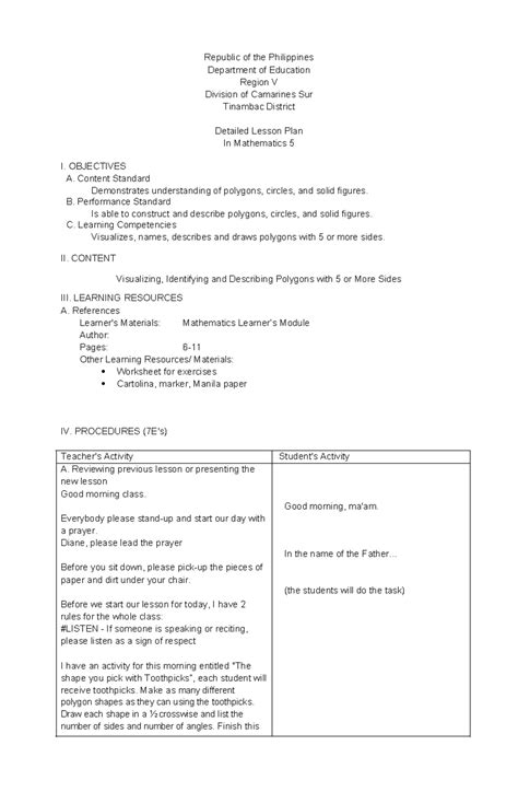 Lesson Plan For Visualizing Identifying And Describing Polygons With 5 Or More Sides Republic