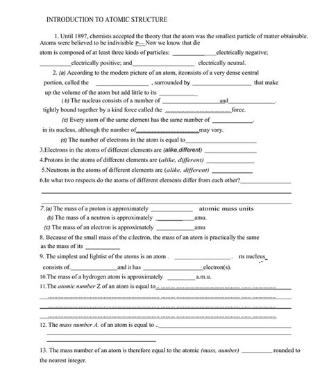 Printable Atomic Structure Worksheet PrintableLib