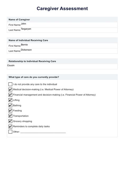 Caregiver Assessment And Example Free Pdf Download