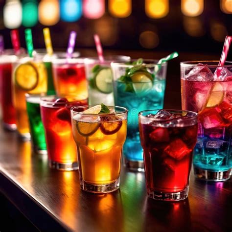 Row Of Assorted Colorful Cold Drinks Summer Party Refreshment At Bar