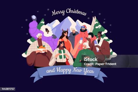 메리 크리스마스와 새해 복 많이 받으세요 사람들이 겨울 휴가를 축하하는 엽서 디자인 다양한 캐릭터가 함께하는 크리스마스 인사말 카드 산악 리조트 샴페인 평면 벡터 그림