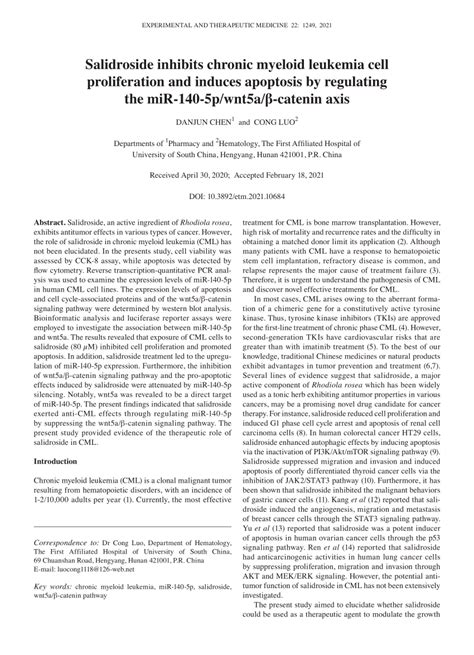 Pdf Salidroside Inhibits Chronic Myeloid Leukemia Cell Proliferation