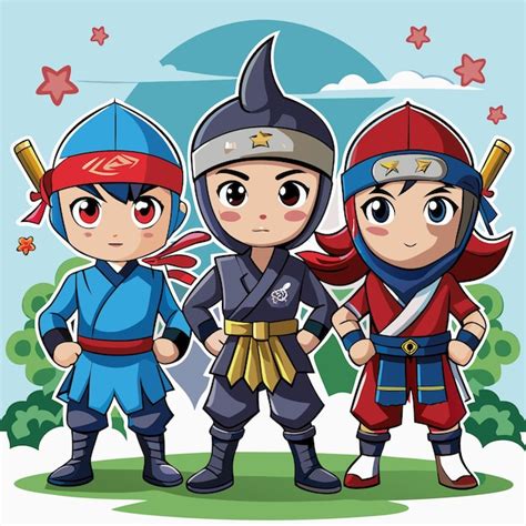 Tres Ninjas De Dibujos Animados Con Espadas De Pie En Una Fila Hacia El Frente Vector Premium