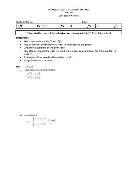 Concepts Of Calculus Assignment MCV U Concepts Of Calculus Babe S Name Date K U T