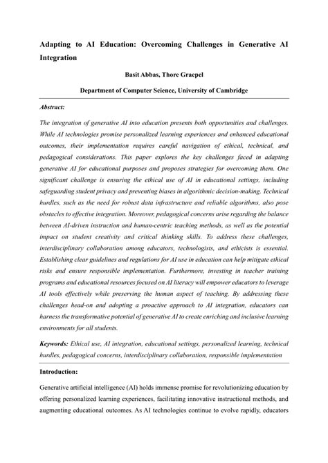 PDF Adapting To AI Education Overcoming Challenges In Generative AI Integration