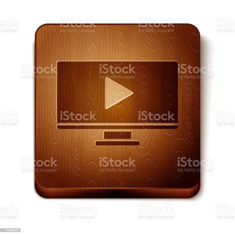 갈색 온라인 흰색 배경에 격리 된 비디오 아이콘을 재생합니다 컴퓨터 모니터 및 재생 기호와 필름 스트립 나무 사각형 버튼입니다