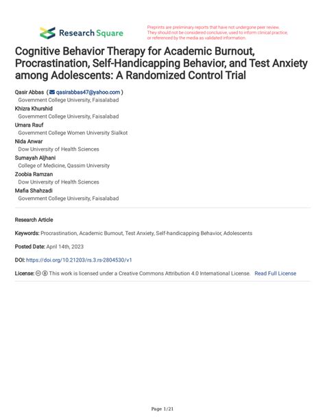 Pdf Cognitive Behavior Therapy For Academic Burnout Procrastination Self Handicapping