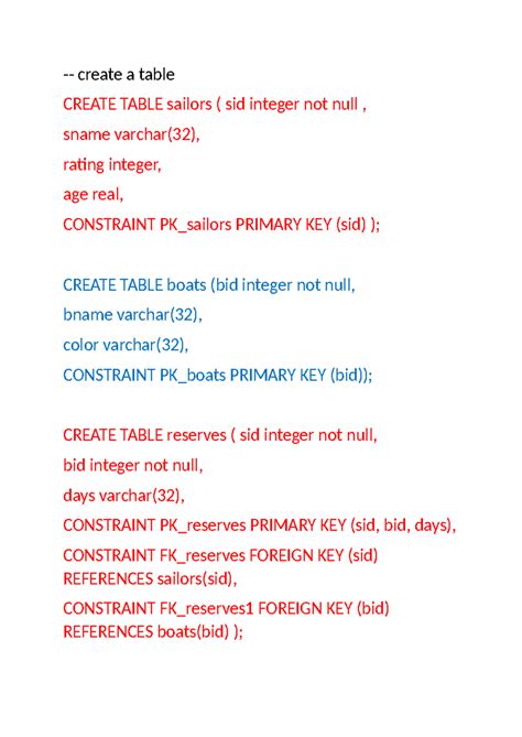 Sailors Create A Table Create Table Sailors Sid Integer Not Null