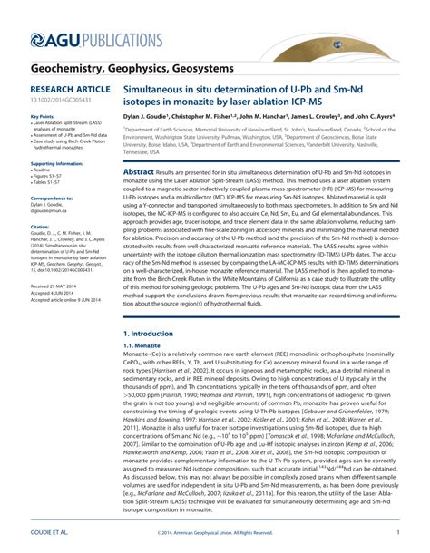 Pdf Simultaneous In Situ Determination Of U Pb And Sm Nd Isotopes In Monazite By Laser