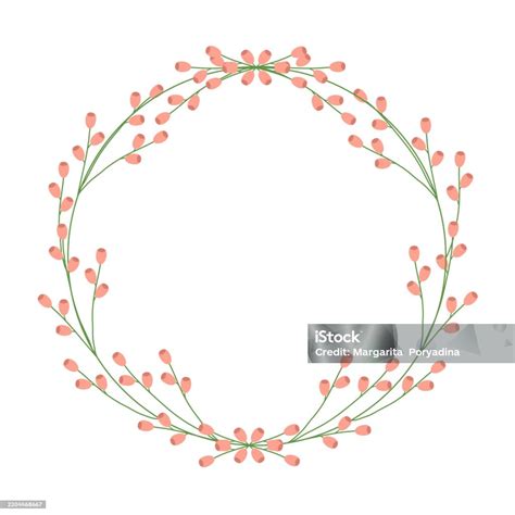 나뭇가지와 새싹의 화환 꽃이 만발한 가지가 있는 자연스러운 둥근 프레임입니다 텍스트를 위한 공간이 있는 흰색 배경의 그림입니다 장식용 초대장 및 엽서용 계절에 대한 스톡