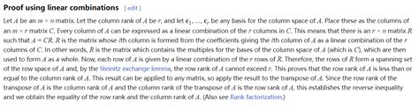 vector spaces row rank column rank confusion about wikipedia proof