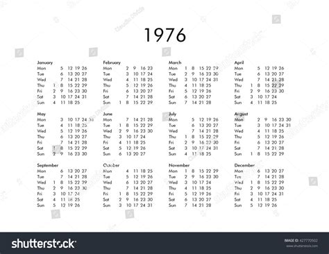 Vintage Calendar Year 1976 All Months Stock Illustration 427770502