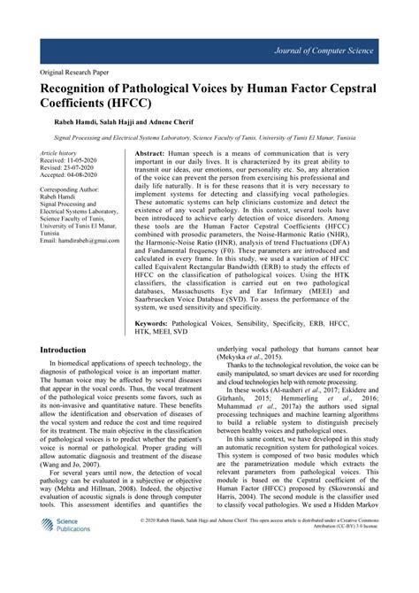 Pdf Recognition Of Pathological Voices By Human Factor Cepstral Coefficients Hfcc