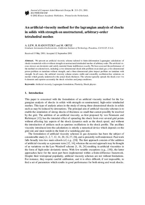 Pdf An Artificial Viscosity Method For The Lagrangian Analysis Of