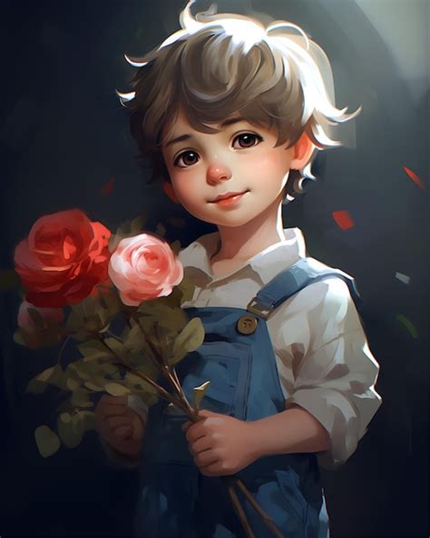 Cute Boy Overalls Holding Rose | Premium AI-generated image