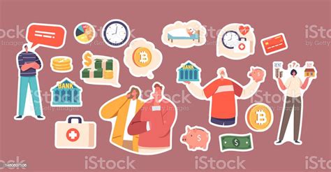 스티커 세트 금융 선택 남자와 여자 캐릭터는 은행 항목과 달러 지폐를 들고 있습니다 스티커에 대한 스톡 벡터 아트 및 기타