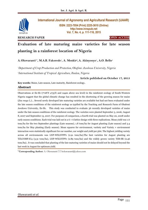 Evaluation Of Late Maturing Maize Varieties For Late Season Planting In A Rainforest Location Of