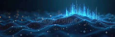 Illustration Of Big Data Visualization On Dark Background Blue Lights Nodes Connected By Lines