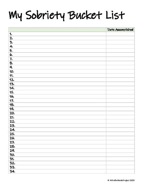 Sobriety Bucket List Worksheet By Cassie Jewell Tpt