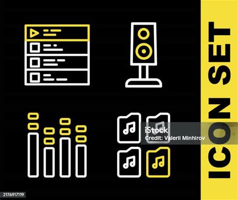라인 스테레오 스피커 음악 파일 문서 이퀄라이저 및 재생 목록 아이콘을 설정합니다 벡터 Mp3 플레이어에 대한 스톡 벡터 아트 및 기타 이미지 Istock