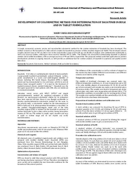 Pdf Development Of Colorimetric Method For Determination Of Dasatinib In Bulk And In Tablet