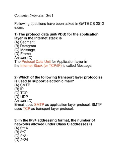 Computer Network Gate Mcq Ques Pdf Transmission Control Protocol