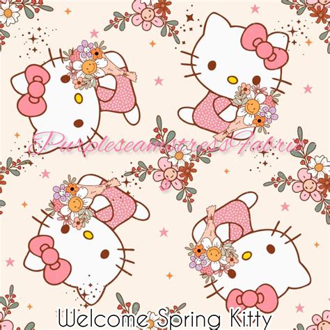 Welcome Spring Kitty Fabric Purpleseamstress Fabric