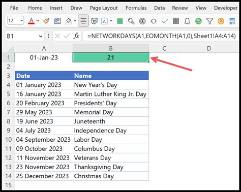 how to calculate business days in a month in excel formula