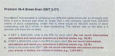 Solved Problem 16 4 Break Even Ebit [lo1] Foundation