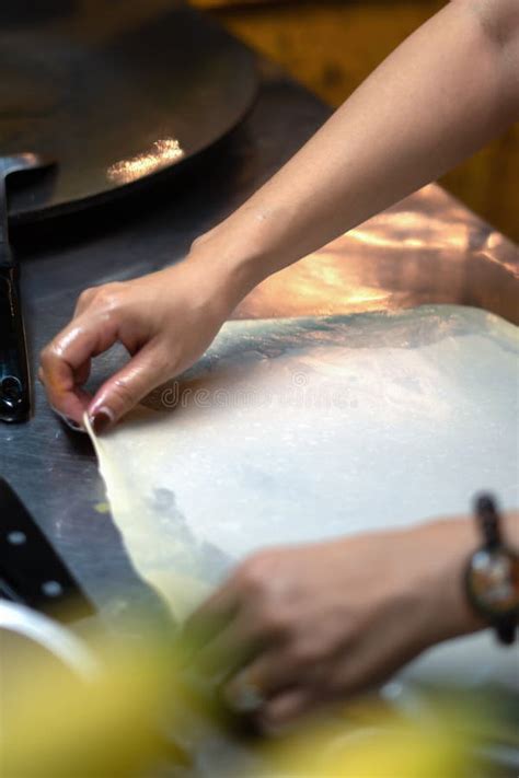 Roti Making Roti Thresh Flour By Roti Maker With Oil Thailand Street Food And Desserts Stock