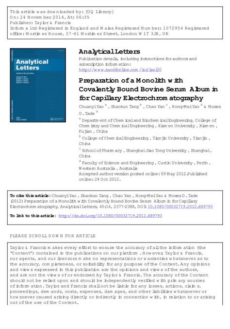Pdf Preparation Of A Monolith With Covalently Bound Bovine Serum