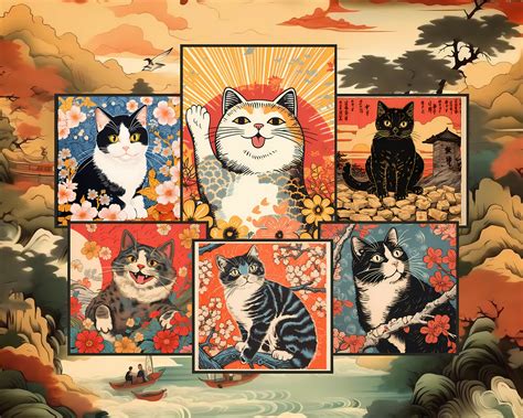 Funny Cats Bundle Ukiyo E Painting Digital Download Cat Lover T
