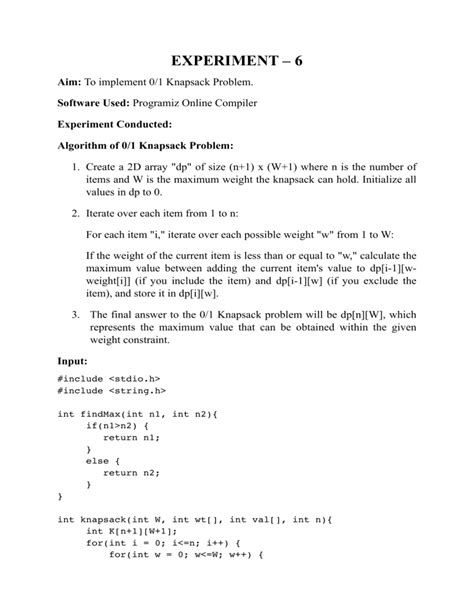 Knapsack Problem Implementation Experiment