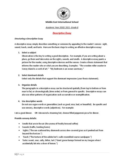 Descriptive Essay Format Pdf Essays Taste