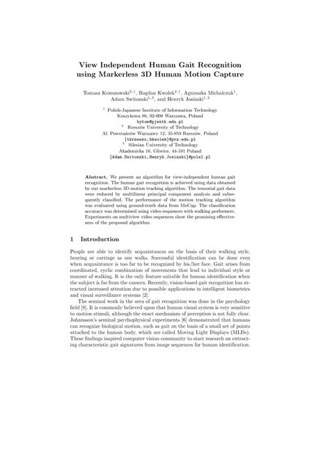 Pdf View Independent Human Gait Recognition Using Markerless 3d Human Motion Capture