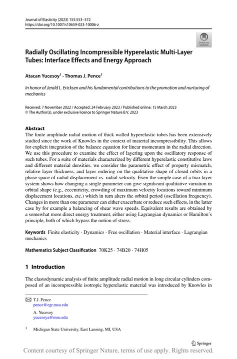 Radially Oscillating Incompressible Hyperelastic Multi Layer Tubes Interface Effects And Energy