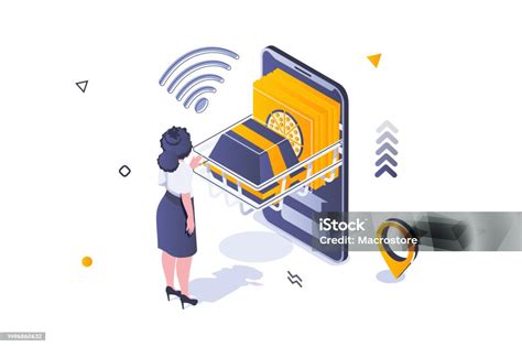 3d 아이소메트릭 디자인의 음식 배달 개념 식당에서 도시락과 피자를 주문하고 모바일 앱에서 온라인 결제를 사용하는 여성 웹 그래픽을 위한 아이소메트릭 인물 장면이 있는 벡터