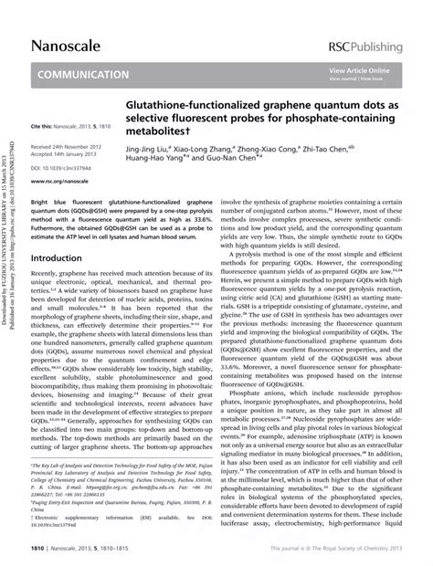 Pdf Glutathione Functionalized Graphene Quantum Dots As Selective Fluorescent Probes For