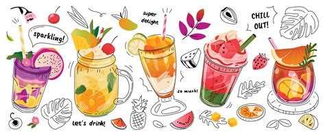 Fresh Smoothies And Sparkling Drinks Design With Cute Doodle Decoration