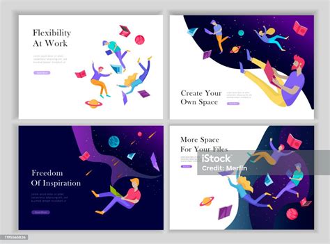 방문 페이지 템플릿을 설정합니다 영감 사람들이 비행 나만의 스파를 만드세요 꿈 상상력 자유의 영감 디자인 작업에서 움직이는 캐릭터 Html에 대한 스톡 벡터 아트 및 기타