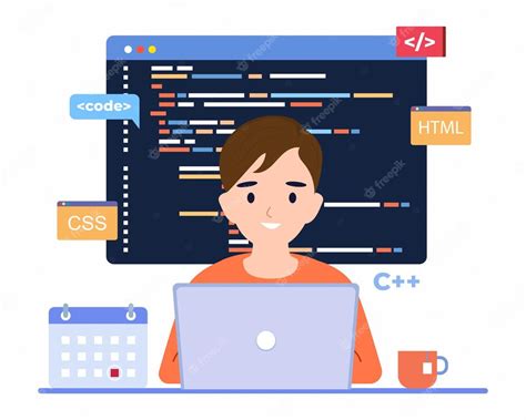 Premium Vector Programmer Developer Engineer With Laptop And Writing Code At Computer