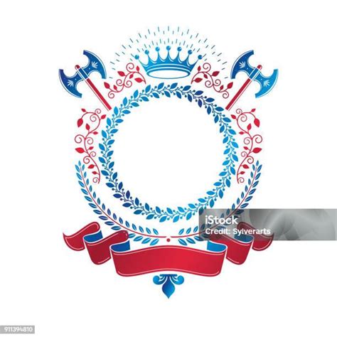 그래픽 상징 로얄 크라운 요소 축 및 고급 리본으로 구성 팔의 문장 학 외 투 절연 장식적인 상징 벡터 일러스트 고대의에 대한